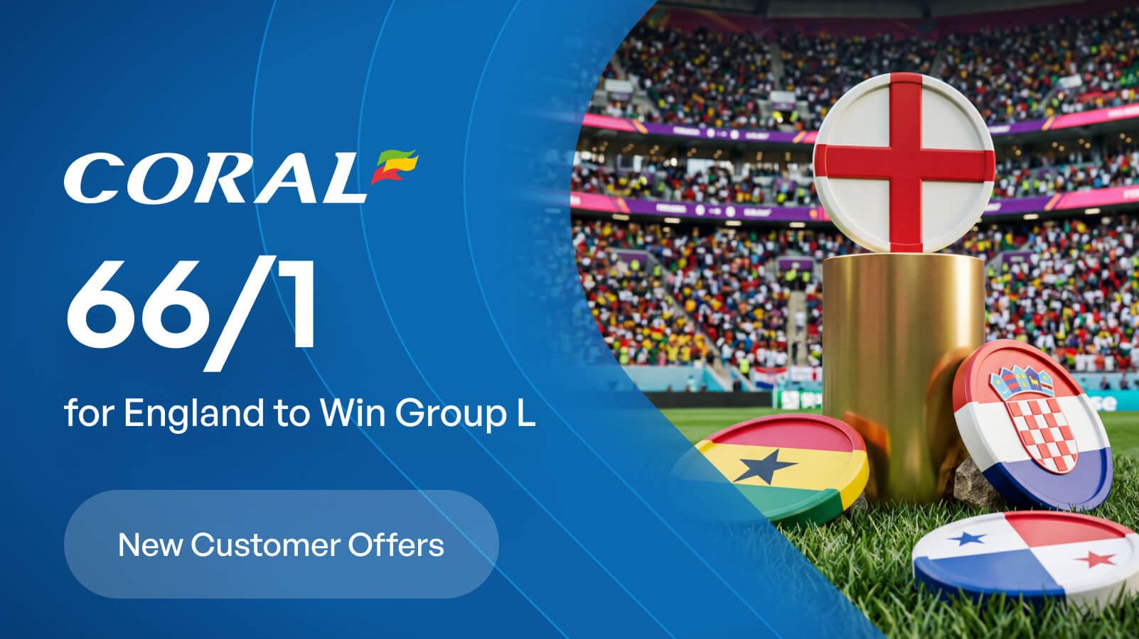 Coral 66/1 Enhanced Odds England to Win Group L - World Cup 2026
